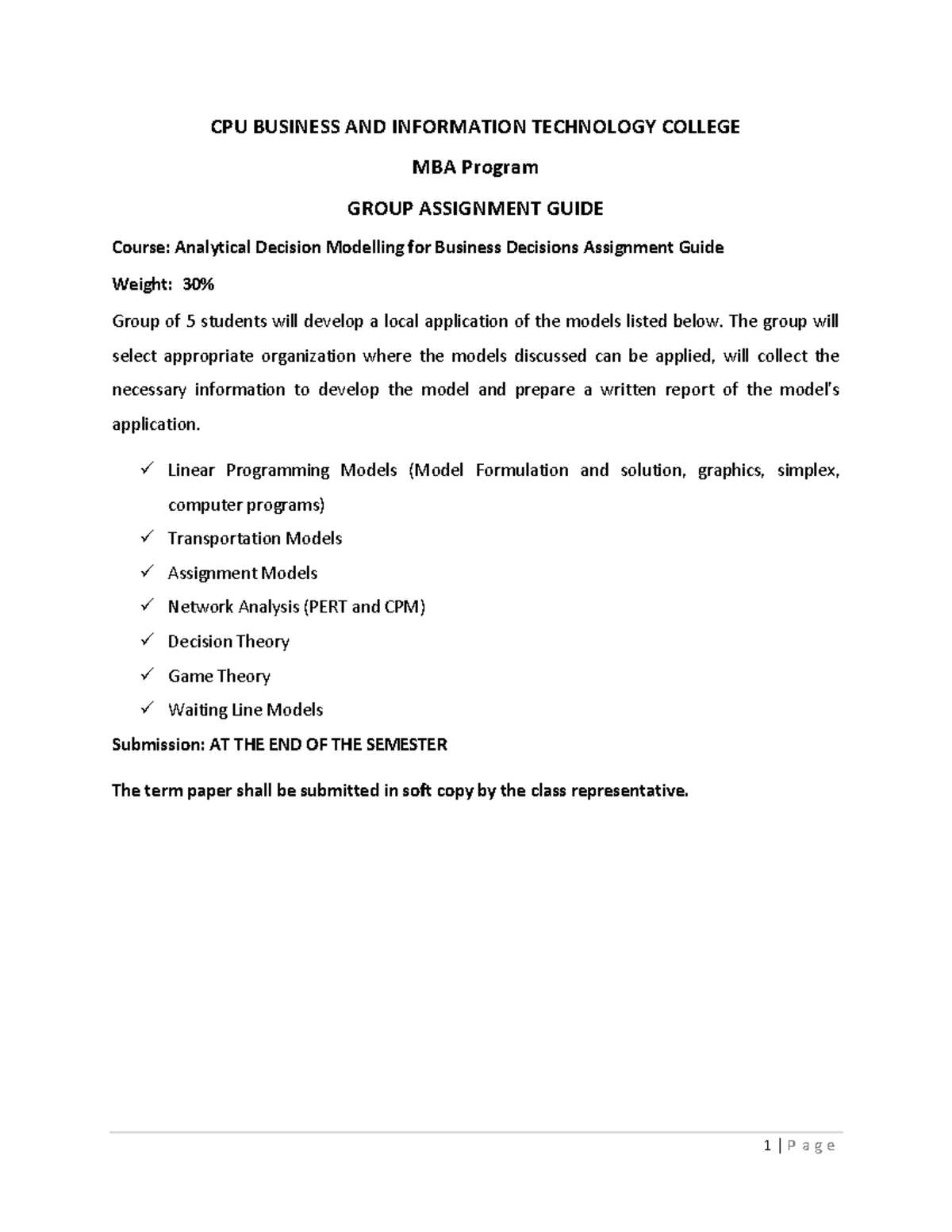 Analytical Decision Modelling for Business Decisions Assignment - The ...