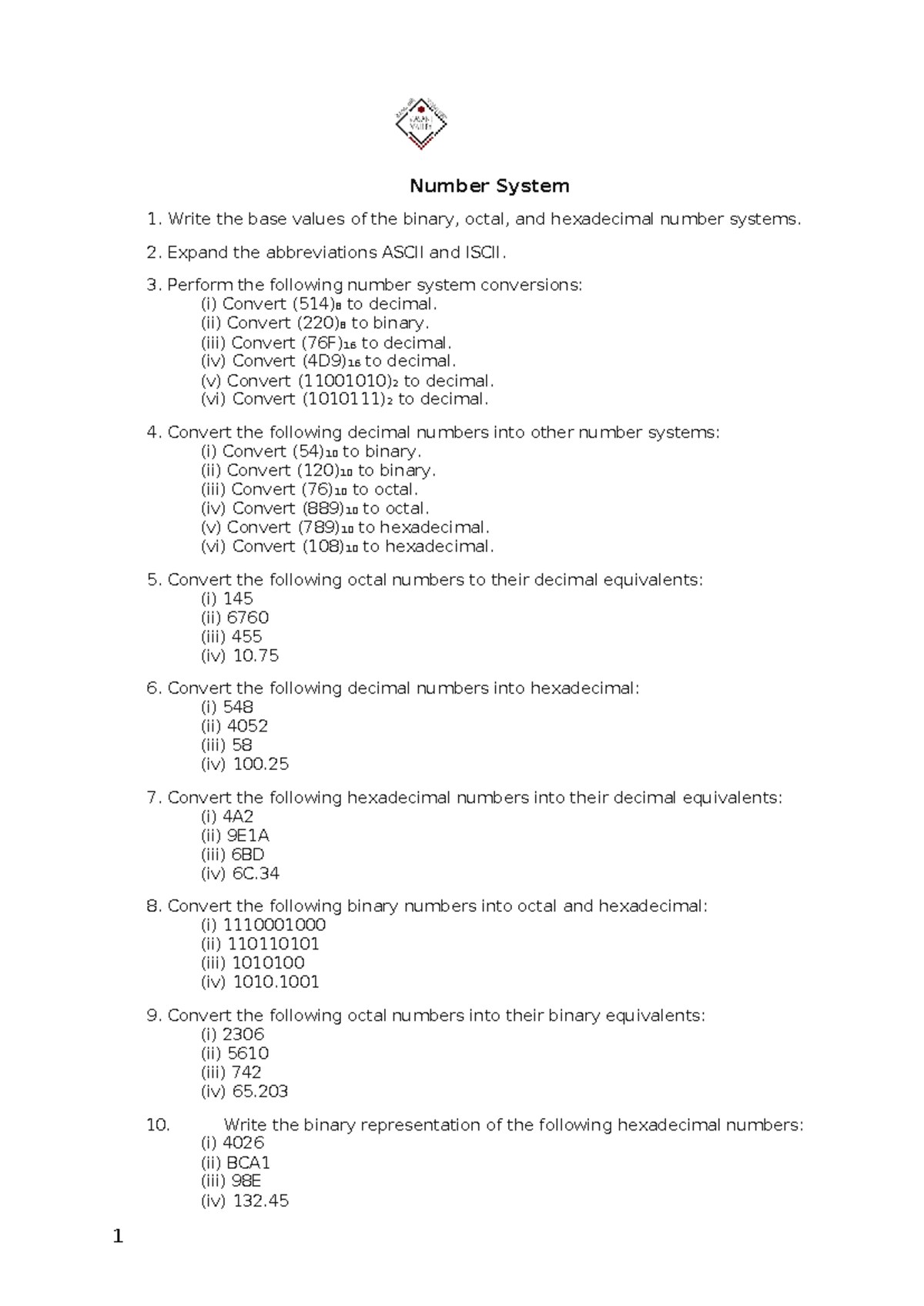 Number System Assignment: Conversions & Base Values - Studocu