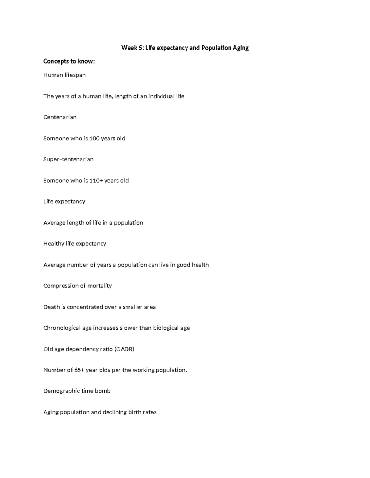 Week 5: Discussion on Life Expectancy & Aging Concepts (06) - Studocu