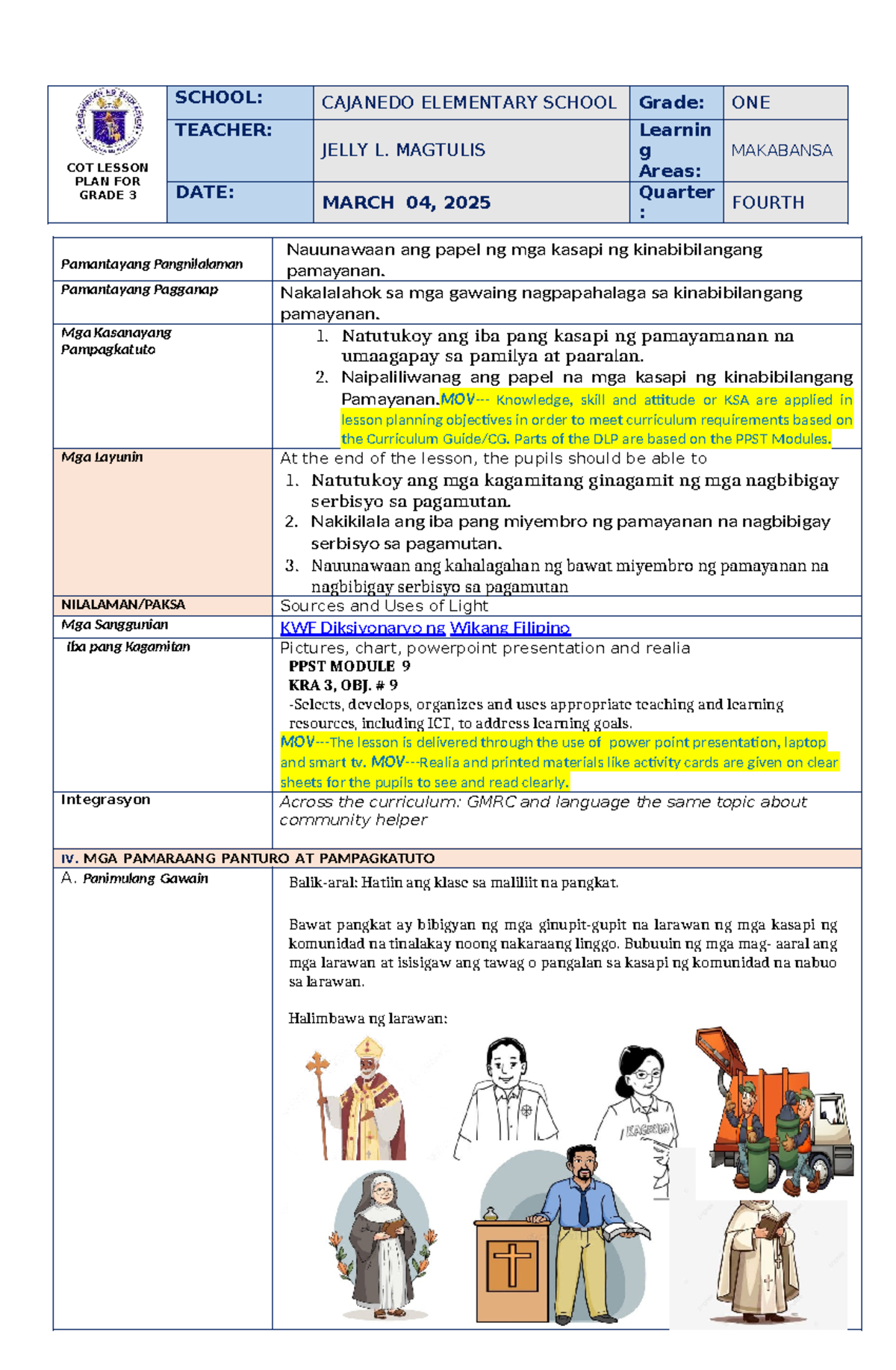 4TH Quarter COT Lesson Plan for Makabansa - Grade 1 - Studocu