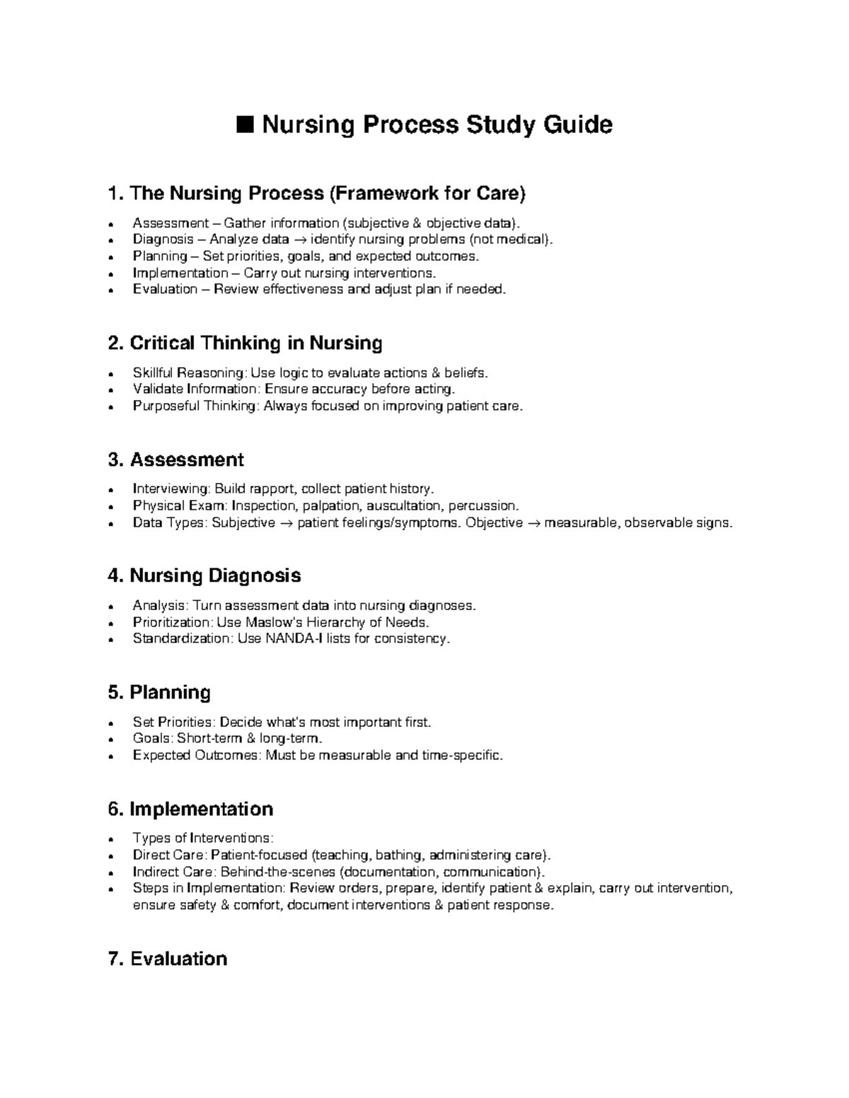NUR 101 Final Exam Study Guide: Nursing Process & Critical Thinking ...