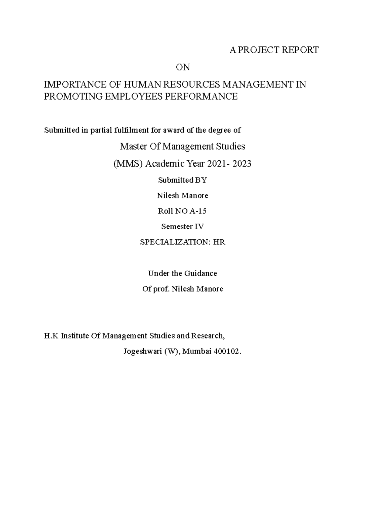 MMS Project Report: HR Management Role in Boosting Employee Performance ...