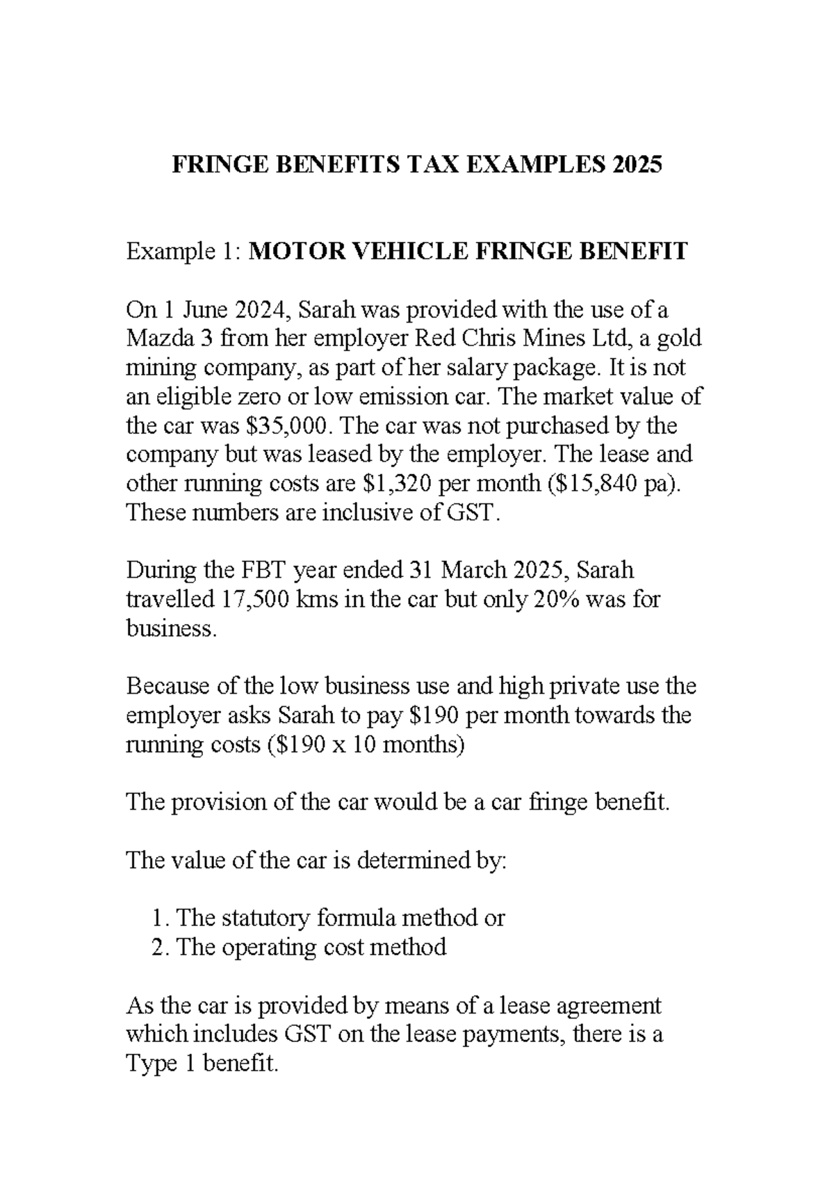 FBT example 2025 - Calculating fringe benefits tax for various ...