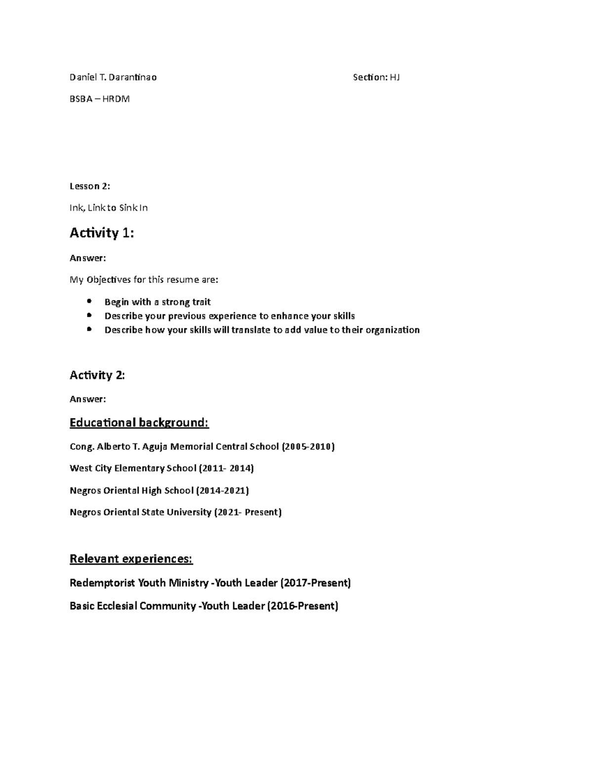 Purposive BSBA-HRDM 2022 Lesson 2: Resume Development Activities - Studocu