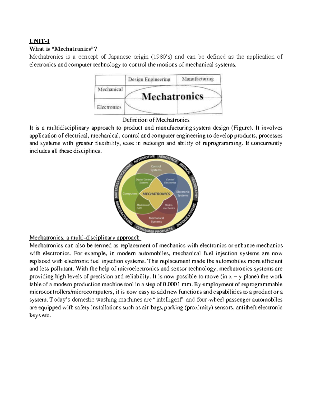 Mech 1 - Comprehensive Overview of Mechatronics Systems and Sensors - Studocu