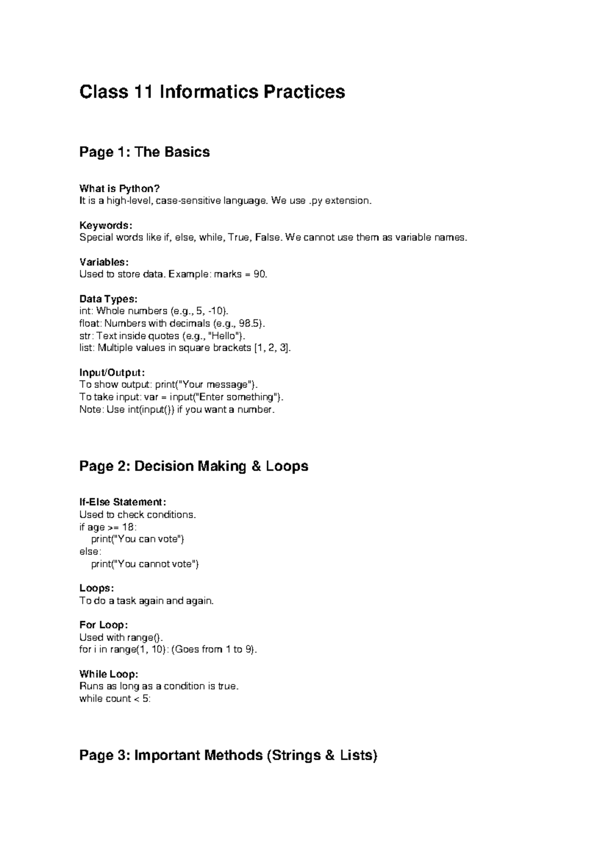 Class 11 IP Python Syntax Notes: Basics, Loops & Methods - Studocu