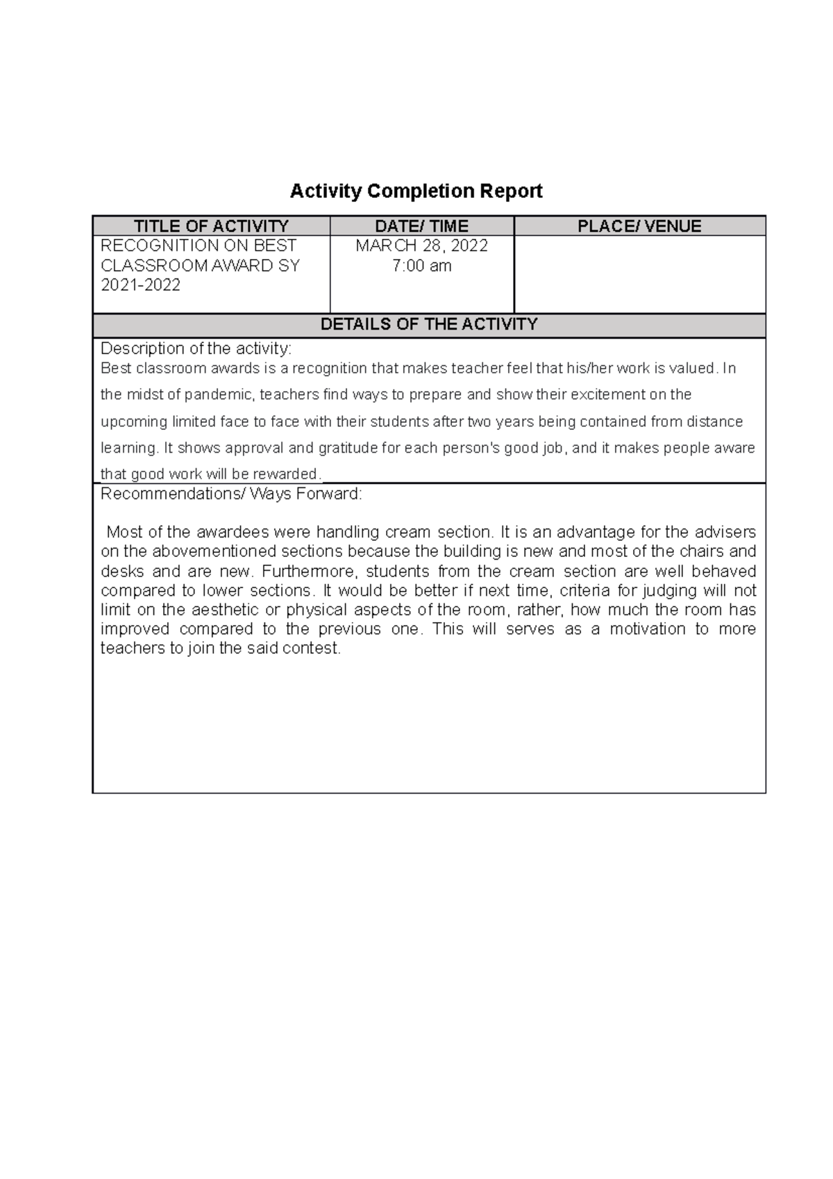Sample BEST Classroom Award - Activity Completion Report TITLE OF ...