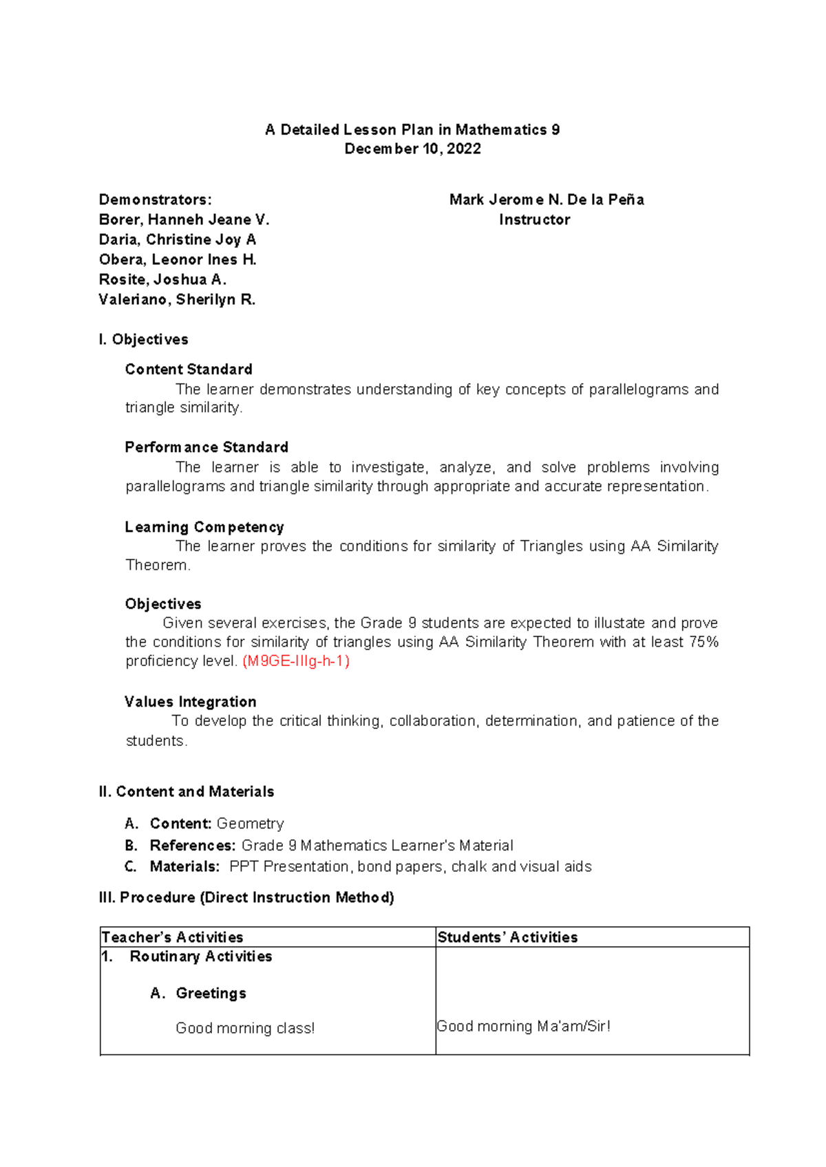 Detailed Lesson Plan on AA Similarity Theorem (Math 9) - Studocu