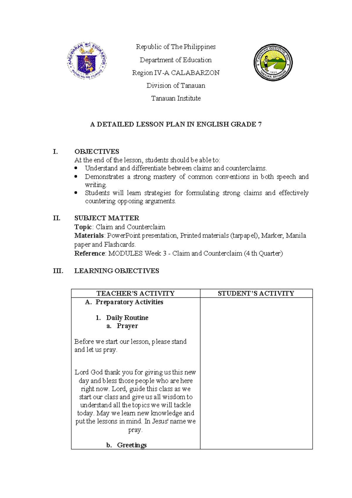Detailed Lesson Plan on Claims & Counterclaims for Eng 7 - Studocu
