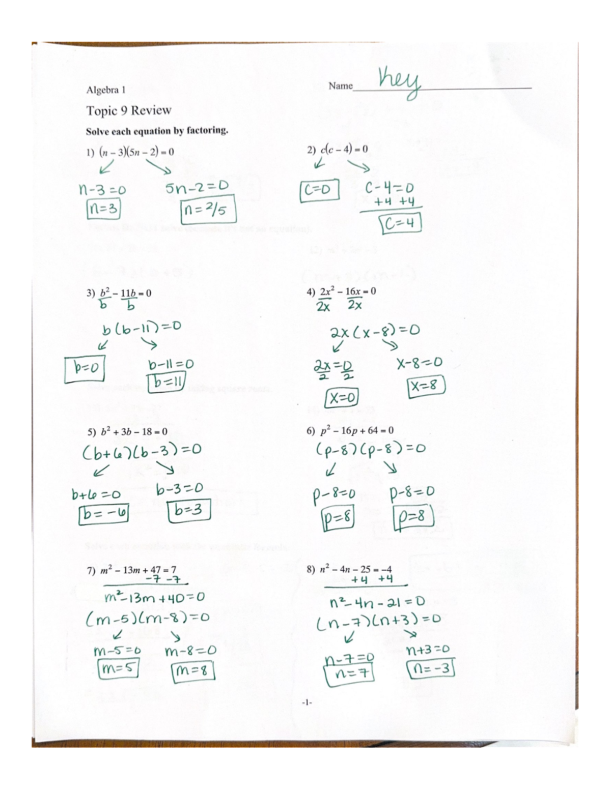 Topic 9 Review KEY - Algebra 1 Name Key Topic 9 Review Solve each ...