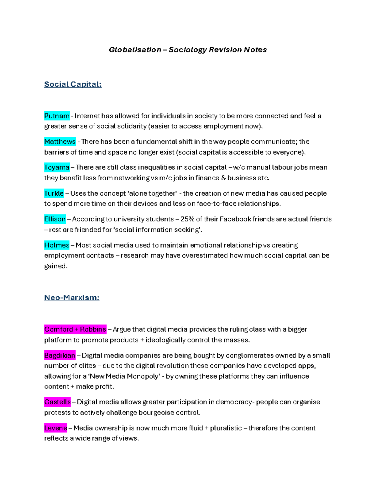 Sociology Revision Notes on Globalisation (Sociology 101) - Studocu