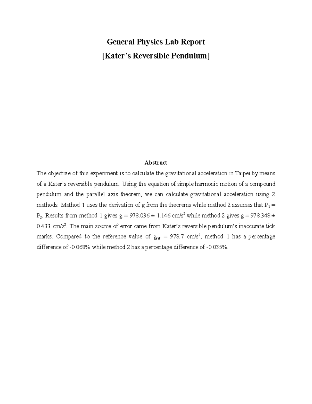 Untitled document - Kater's Reversible Pendulum - General Physics Lab ...