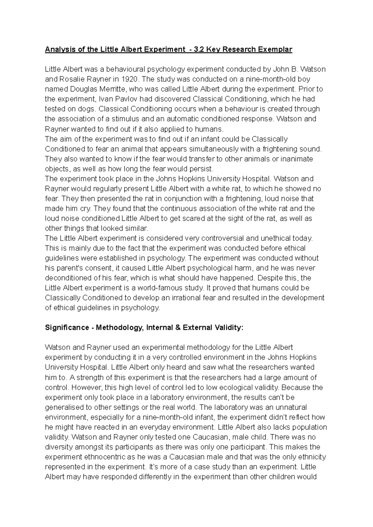 Psy 13.2 Exemplar: Analysis of the Little Albert Experiment and Its ...