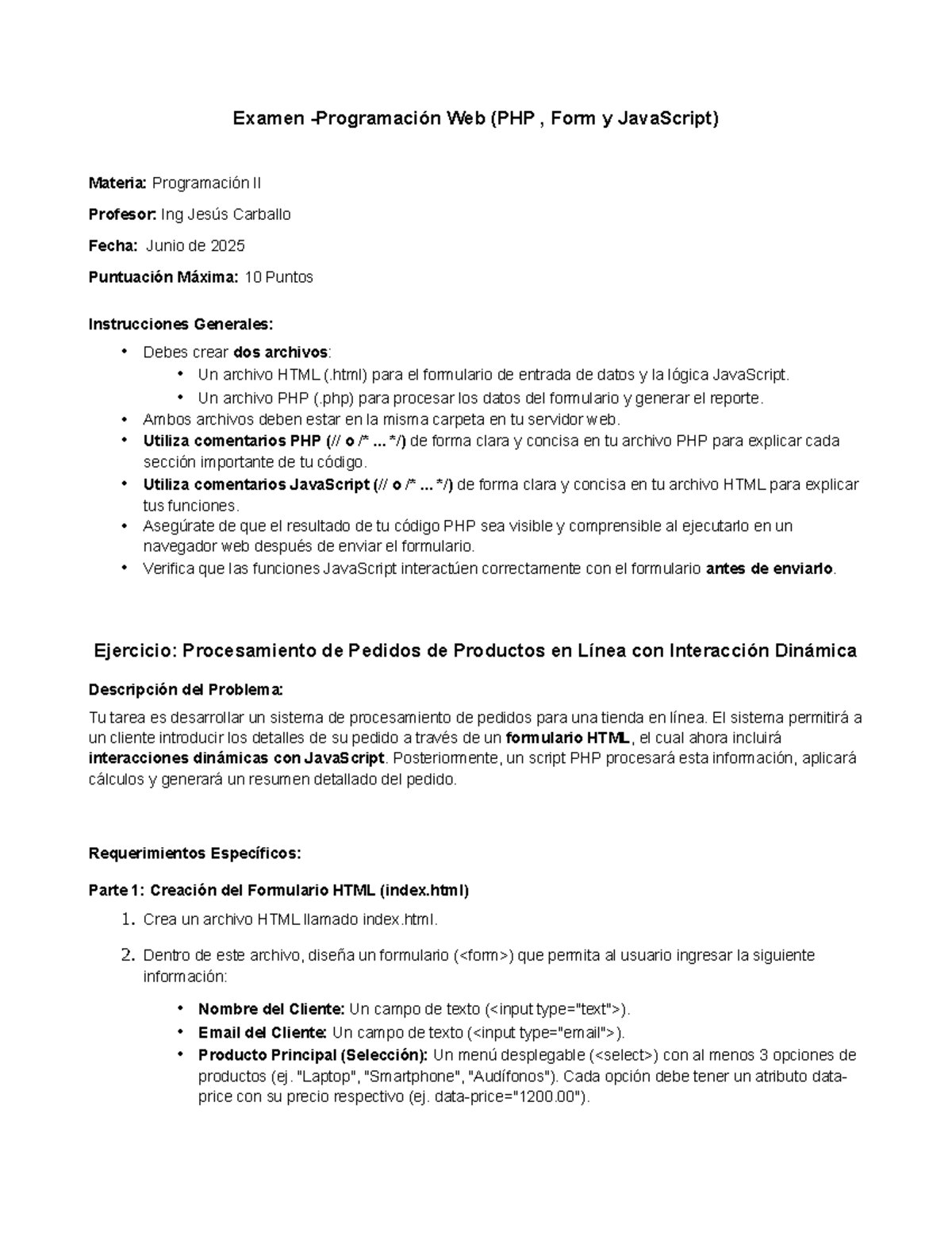 Examen Final Programación II (PHP, Form y JavaScript) - Junio 2025 - Studocu