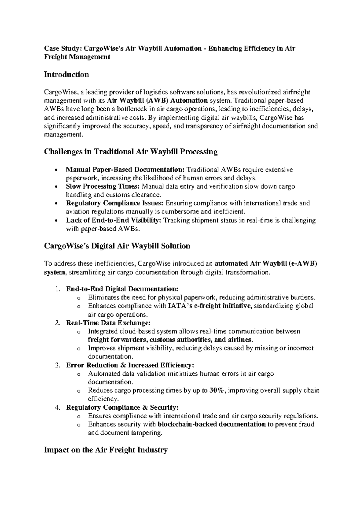 Case Study Cargowise: Enhancing AWB Efficiency in Air Freight - Studocu