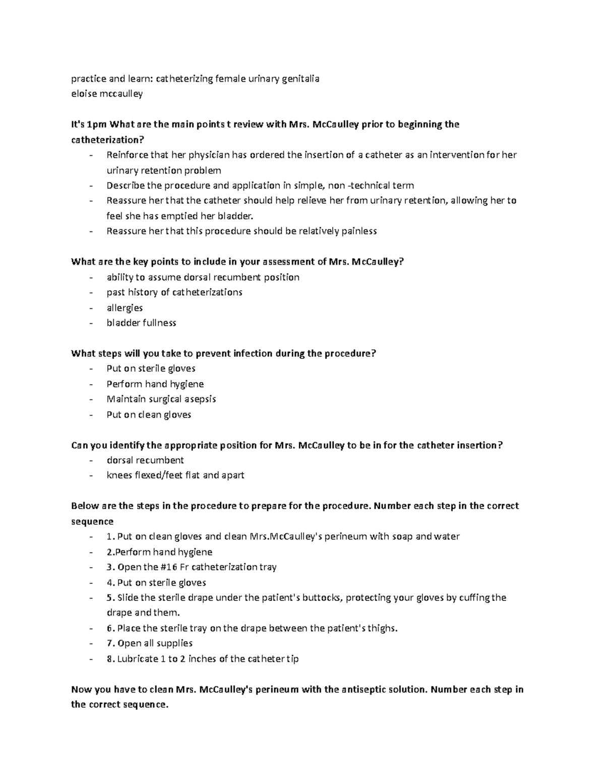 Case Study: Catheterization Procedure for Mrs. McCaulley (1PM) - Studocu