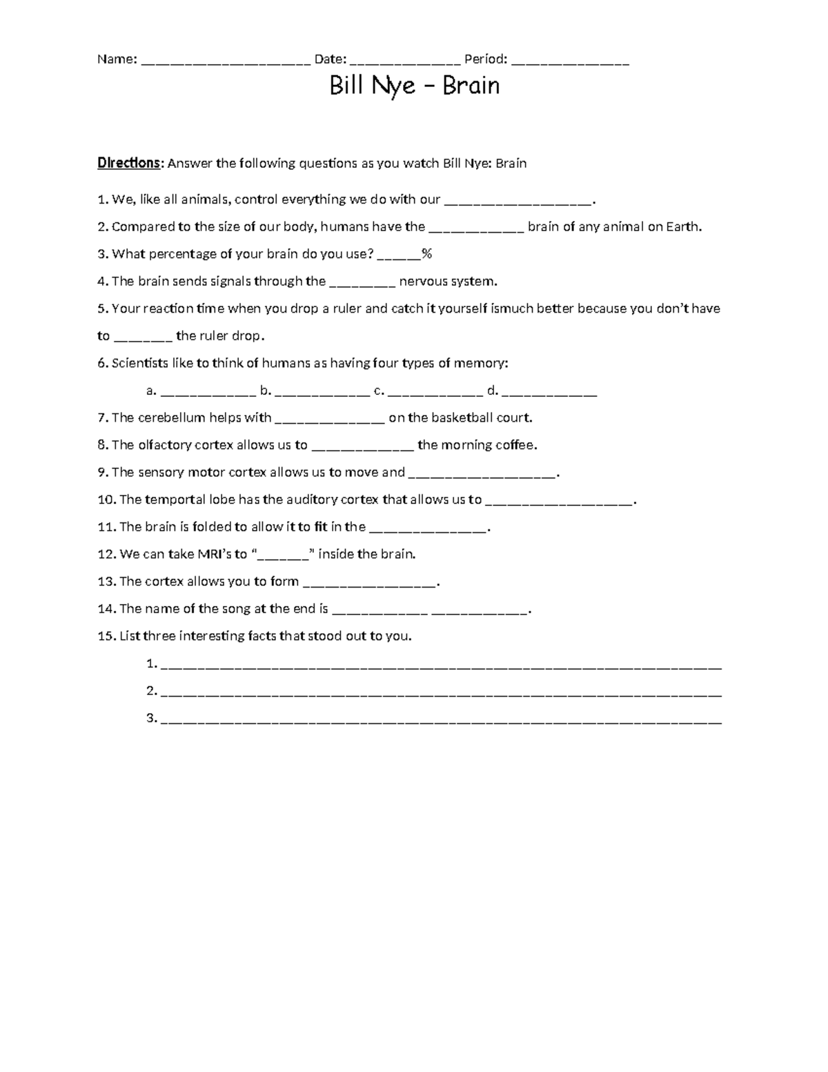 Bill Nye Brain DVD Questions - Study Guide - Studocu