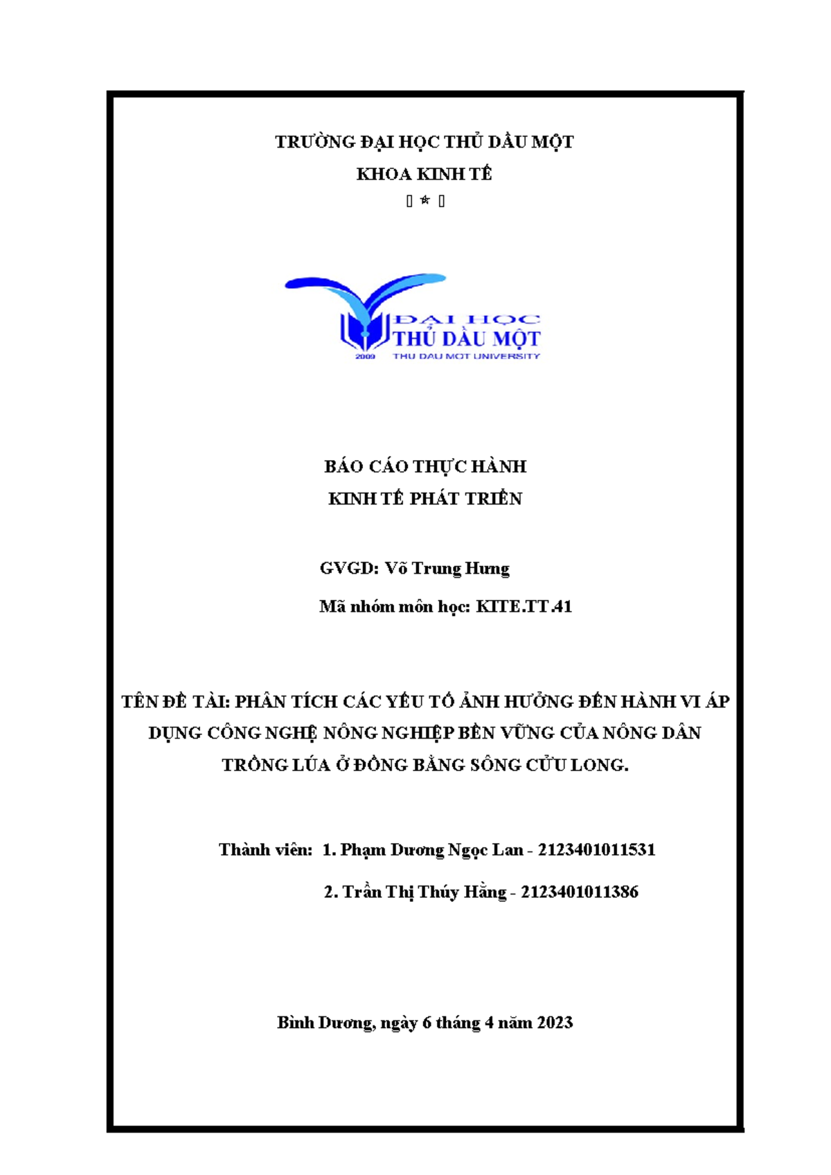 KTPT CUỐI KÌ - không có - TRƯỜNG ĐẠI HỌC THỦ DẦU MỘT KHOA KINH TẾ ̄ BÁO ...