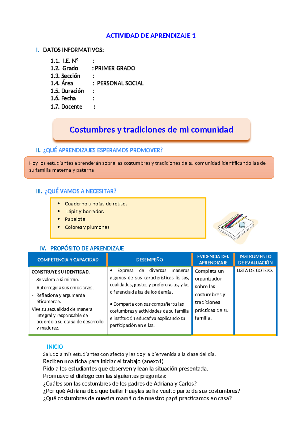 D1 A2 Sesión PS. Costumbres y Tradiciones de la Comunidad Familiar - Studocu