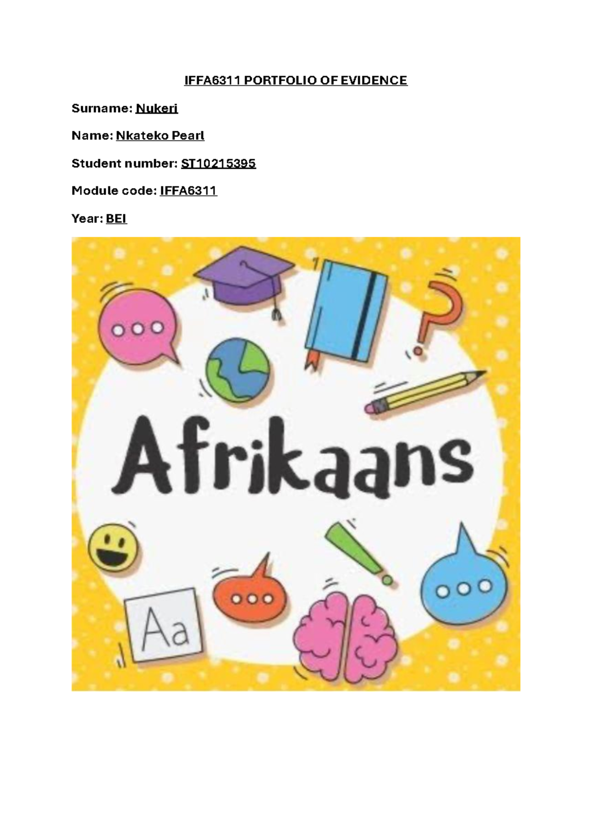 IFFA6311 Portfolio of Evidence: CBI in Grade 6 FAL Classrooms - Studocu