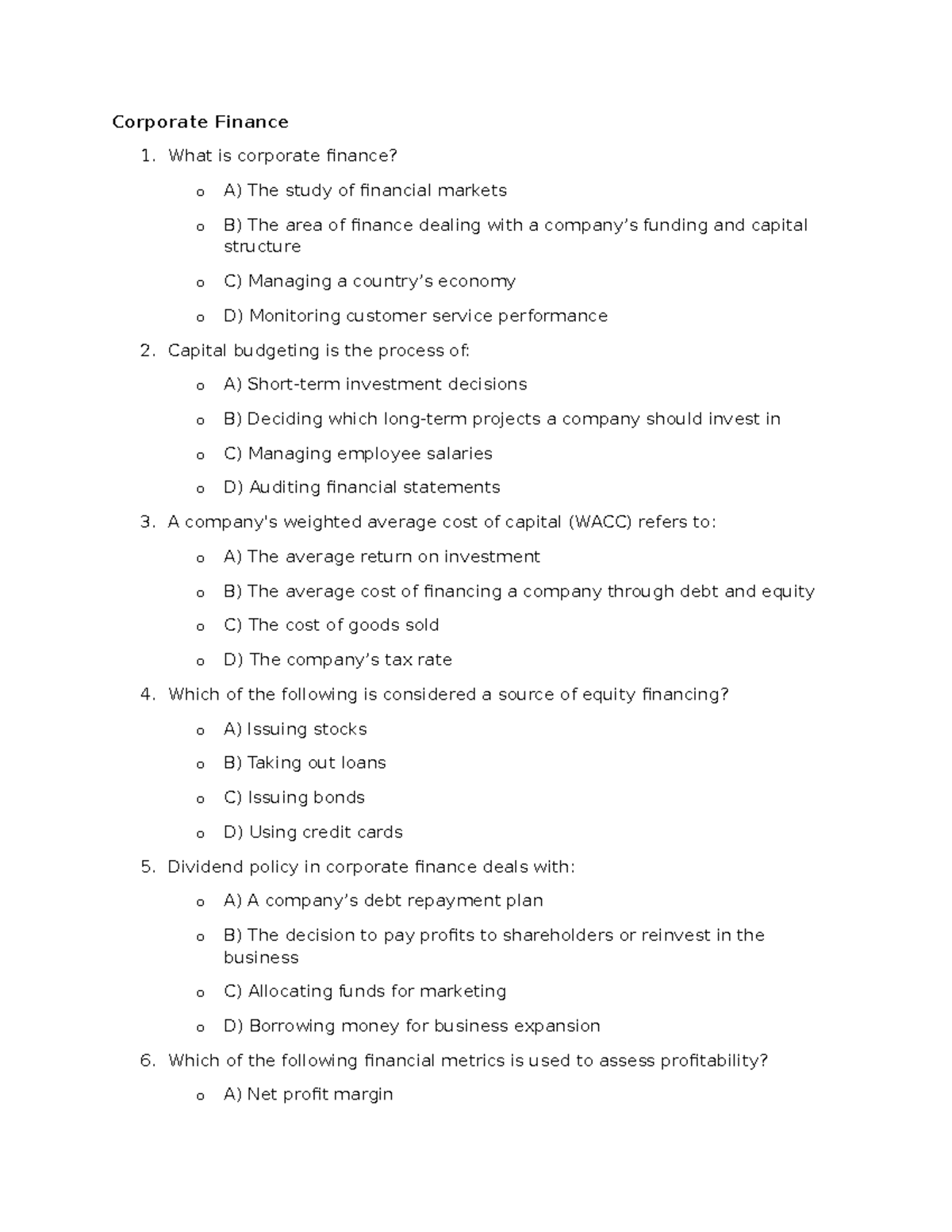 Corporate Finance - Key Concepts and Fundamentals Overview - Studocu