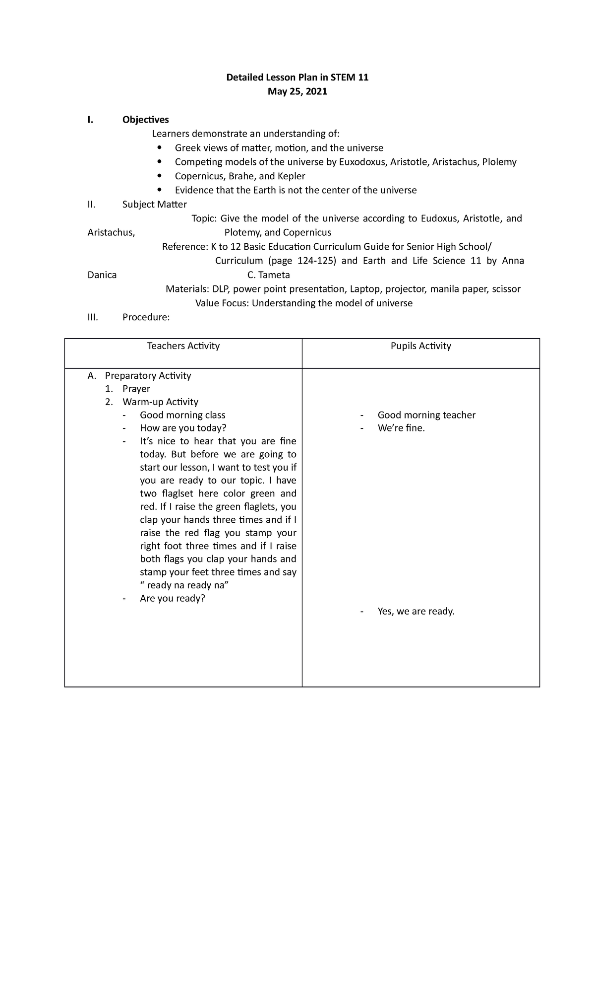 STEM 11 Detailed Lesson Plan: Understanding Universe Models - Studocu