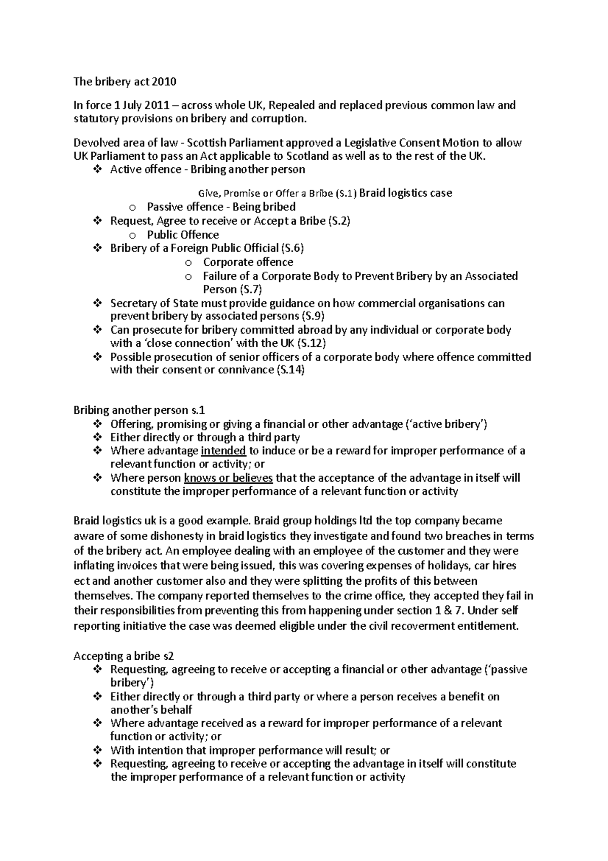 Bribery Act 2010: Key Notes and Corporate Compliance Overview - Studocu
