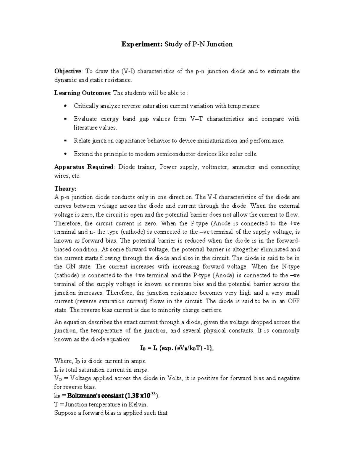 V-I Characteristics of Junction Diode: Experiment & Analysis - Studocu