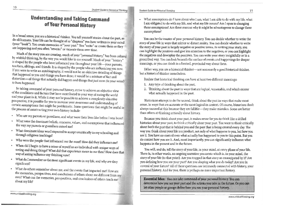 Student Guide to Historical Thinking: Understanding Personal History ...