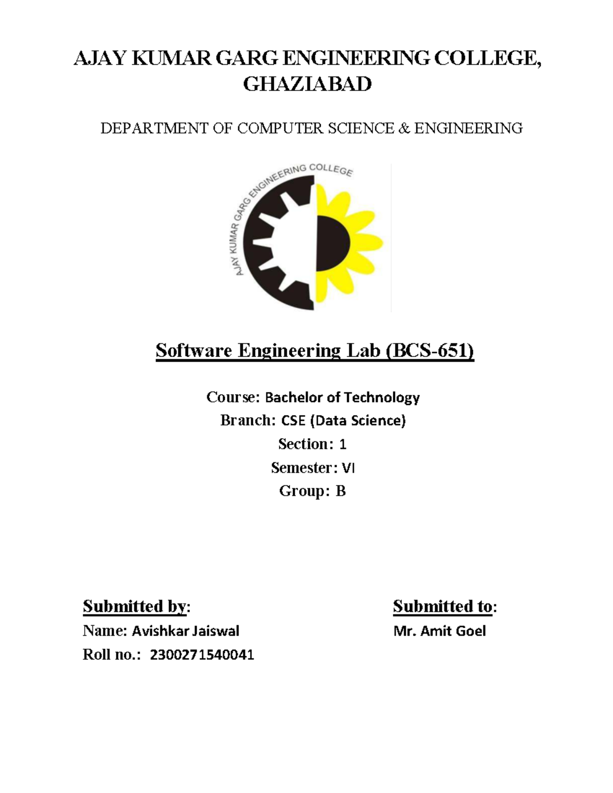 Software Engineering Lab SRS for CSE (Data Science) - Semester VI - Studocu