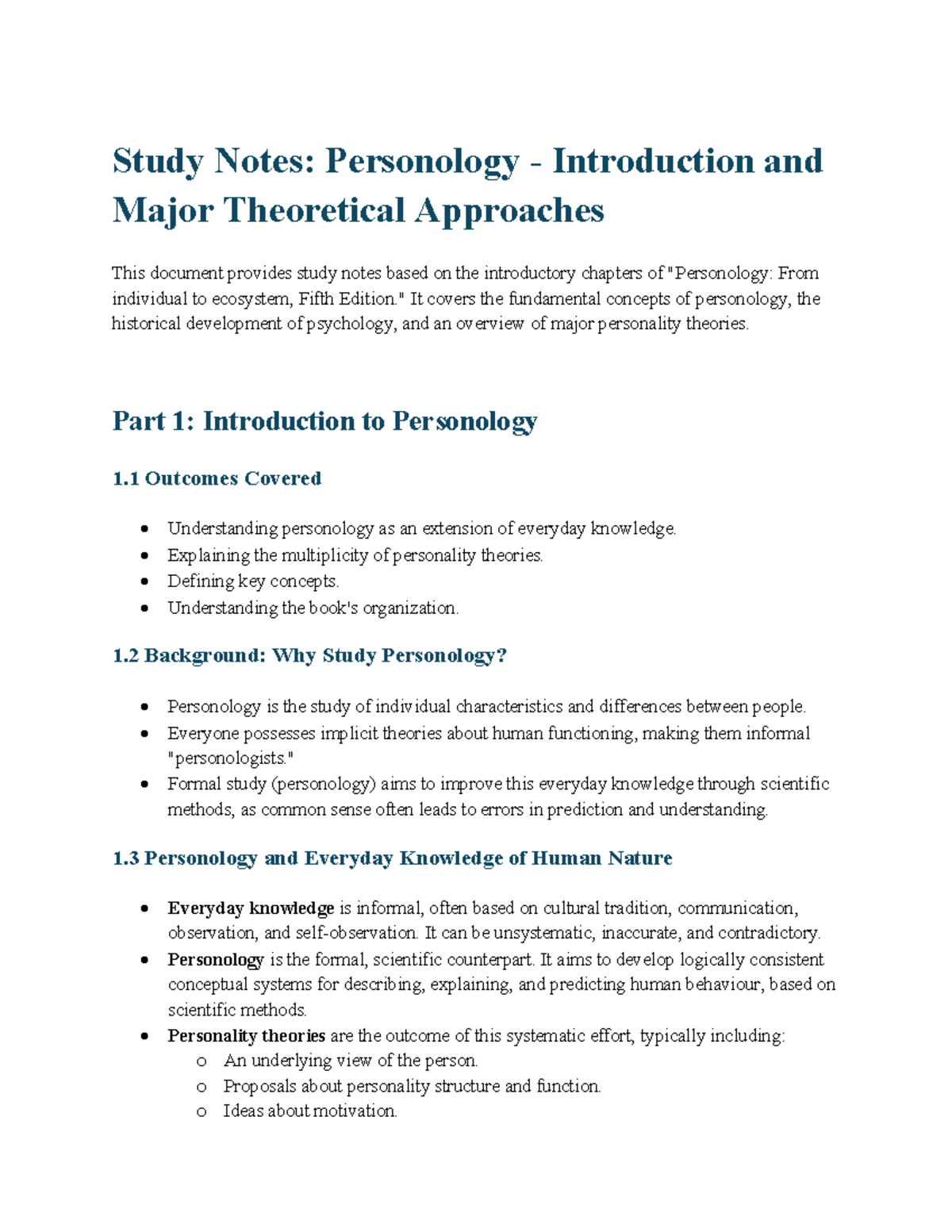 Study Notes: Personology - Intro & Theoretical Approaches - Studocu