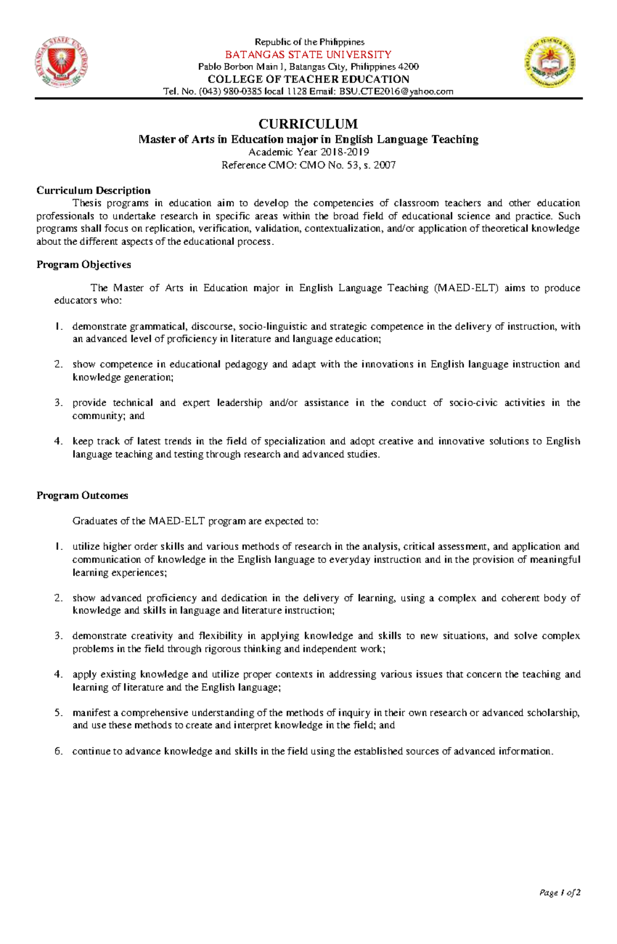 Curriculum for MAED-ELT: Master of Arts in Education in English ...