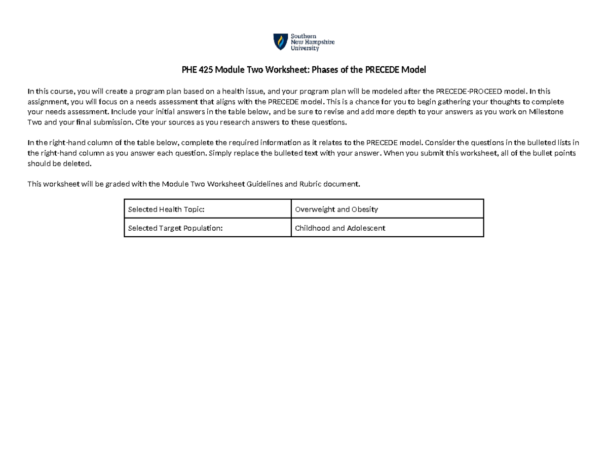 PHE 425 Module Two Worksheet: PRECEDE Model & Childhood Obesity - Studocu
