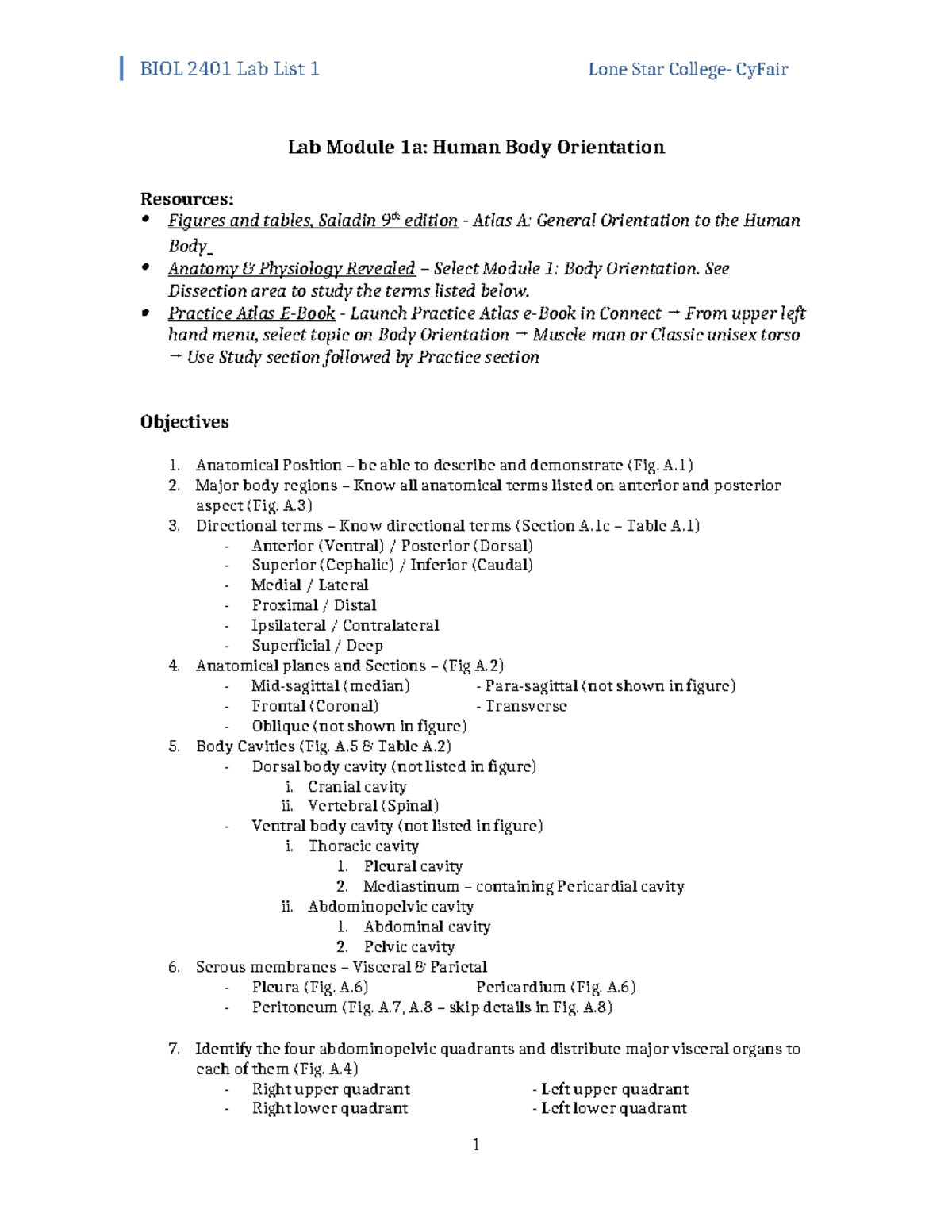 LAB 1 - Body Orientation & Organ Systems Overview - Studocu