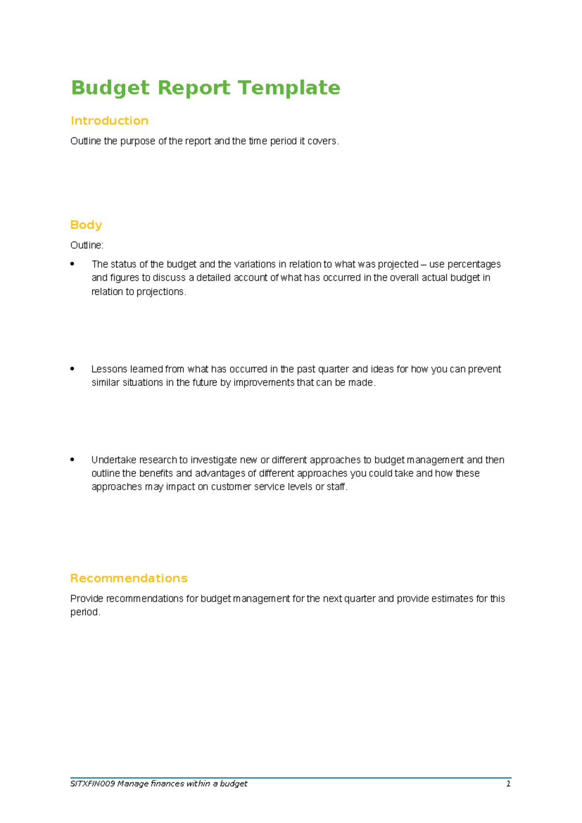 SITXFIN009 Budget Report Template: Analysis & Recommendations - Studocu