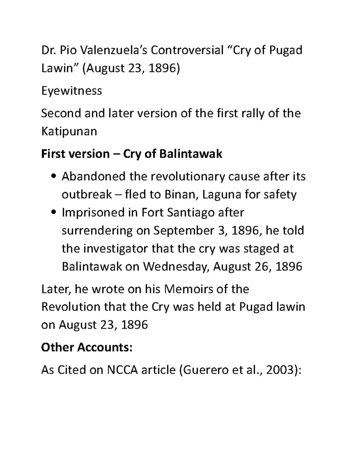 Dr. Pio Valenzuela and the Cry of Pugad Lawin Analysis - Studocu