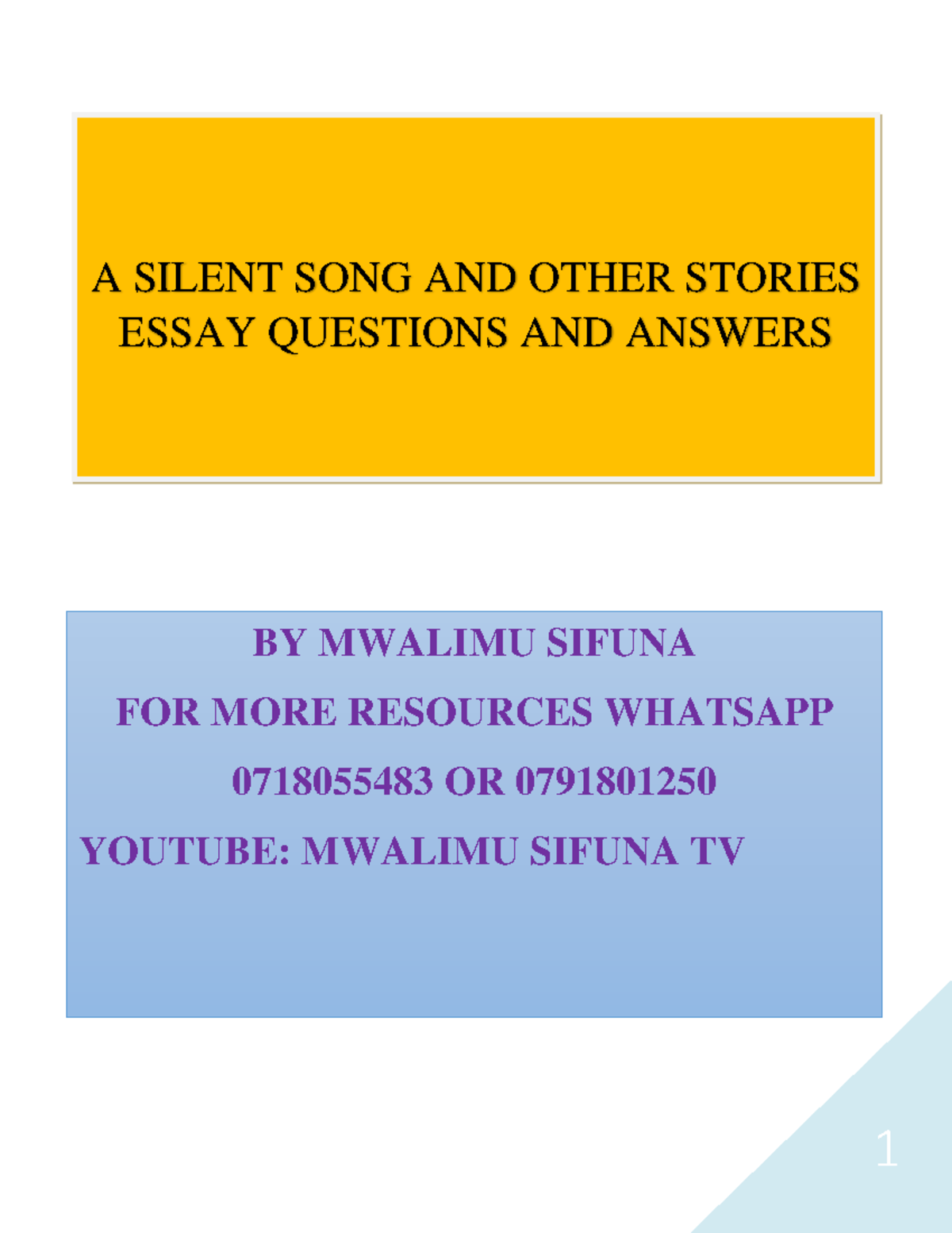 805263148 A Silent Song & Other Stories: Essay Q&A Guide - Studocu
