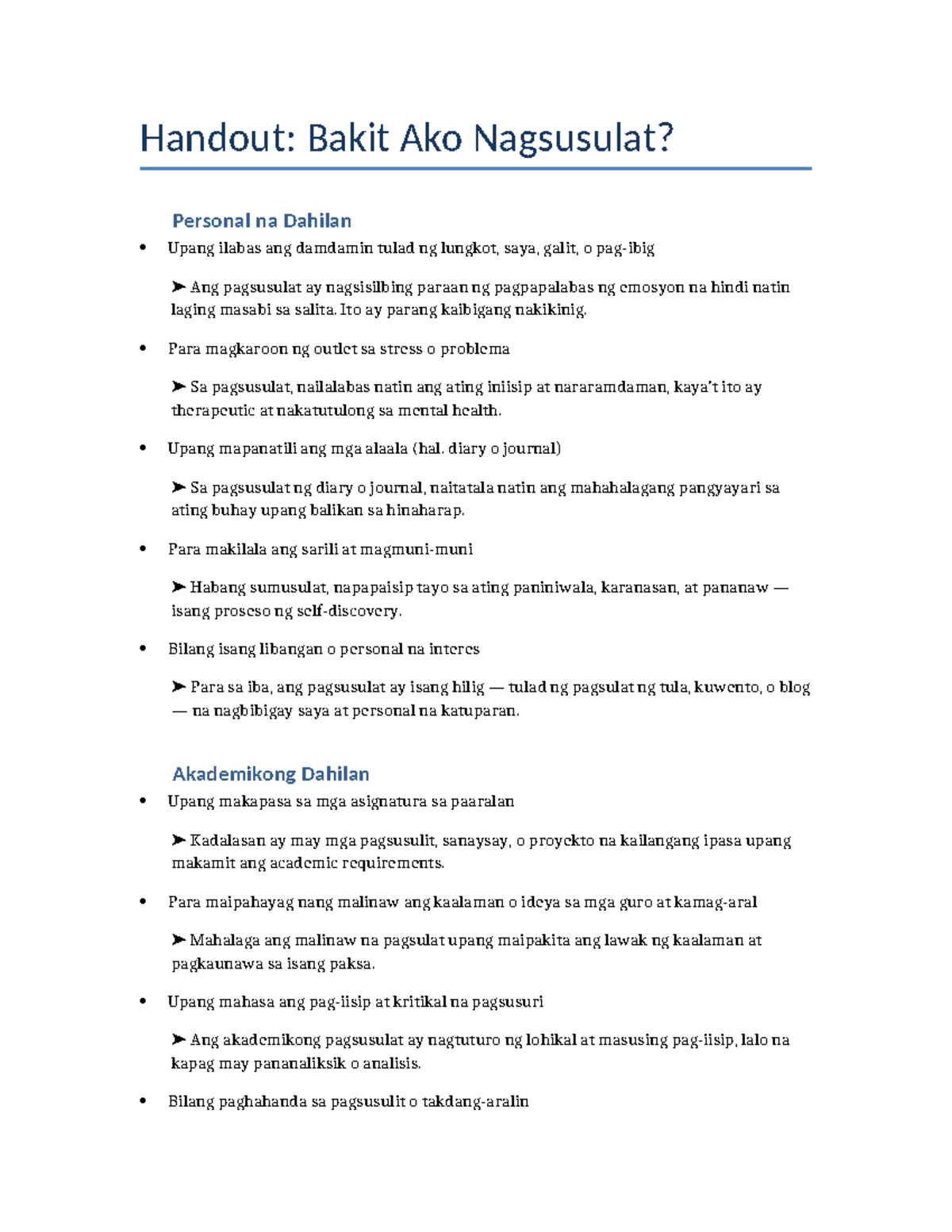 Handout: Bakit Ako Nagsusulat? Mga Dahilan at Kahalagahan ng Pagsusulat ...