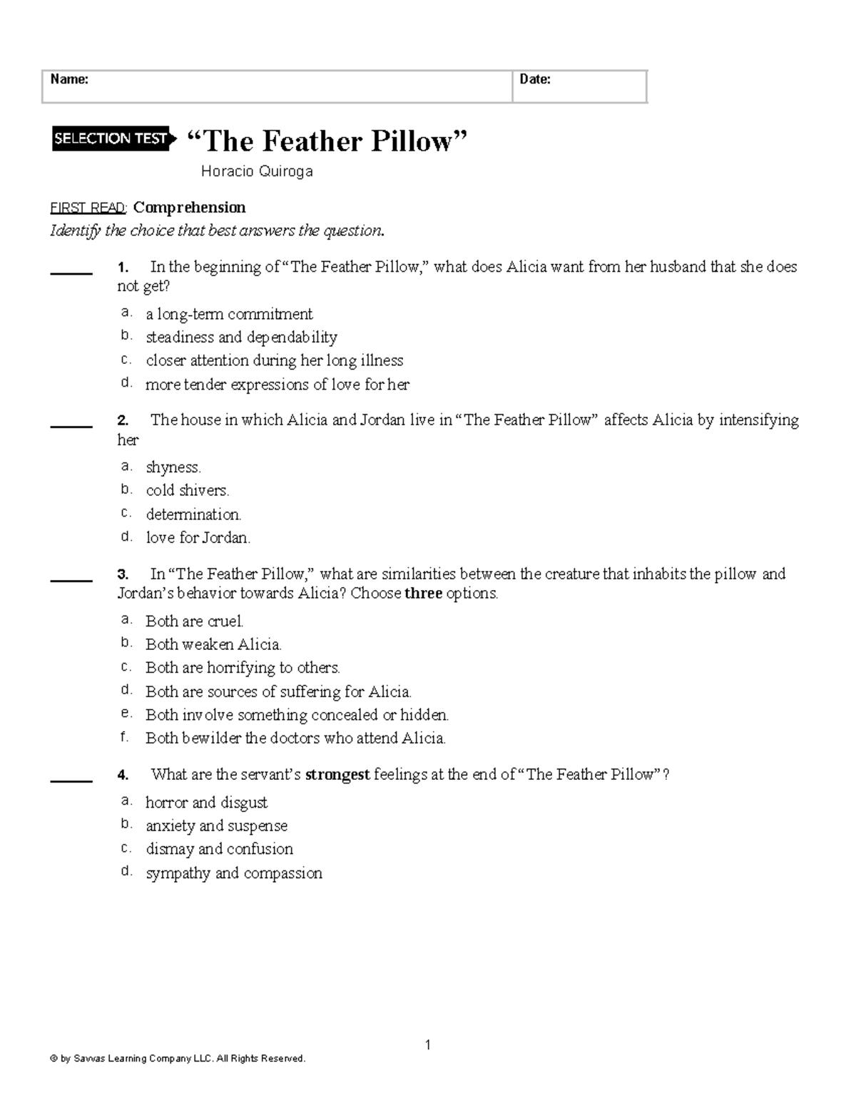 The Feather Pillow (ENG 10) Study Guide and Comprehension Questions ...