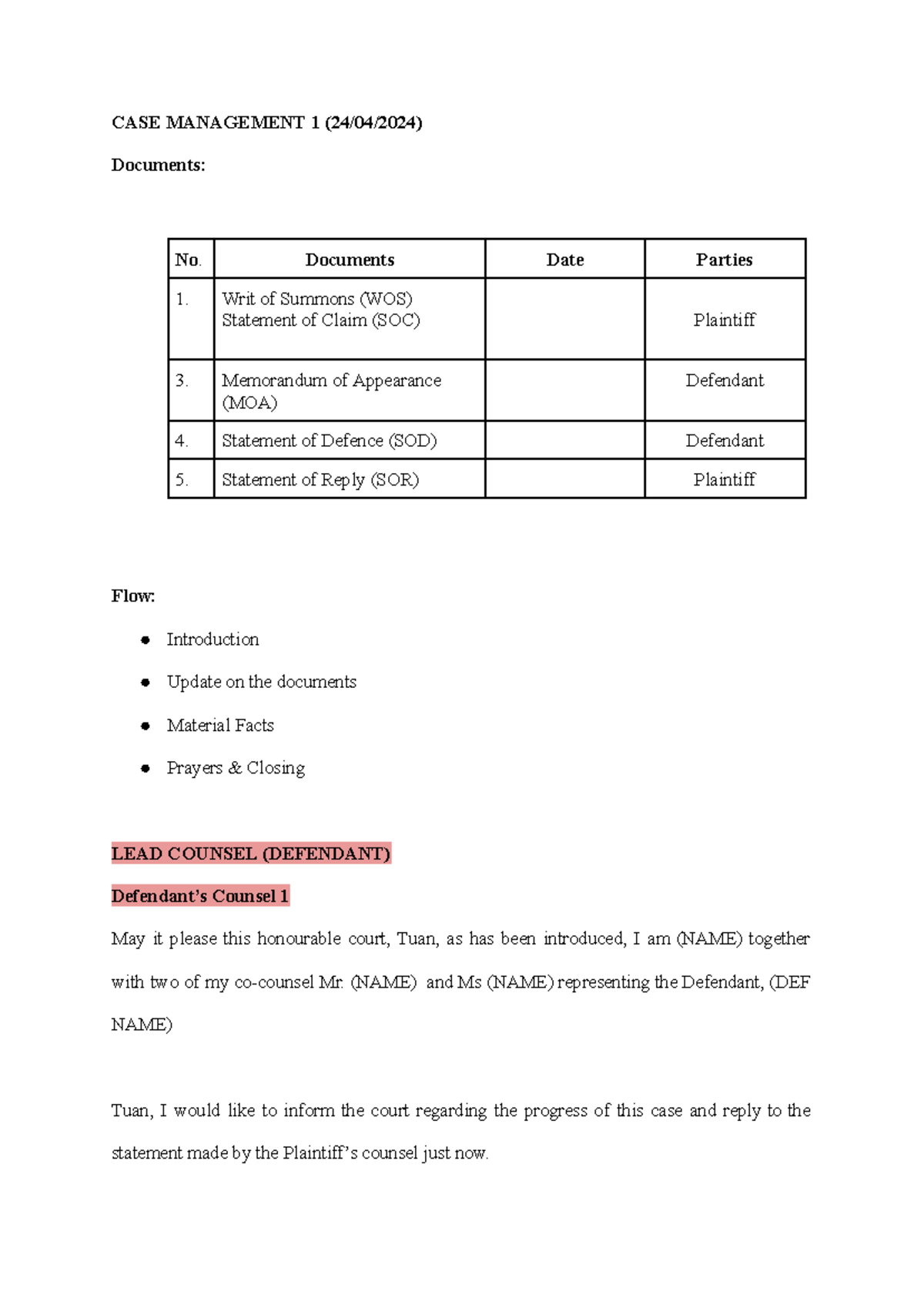 (24/04/2024) CASE Management Script: Defendant's Counsel Overview - Studocu