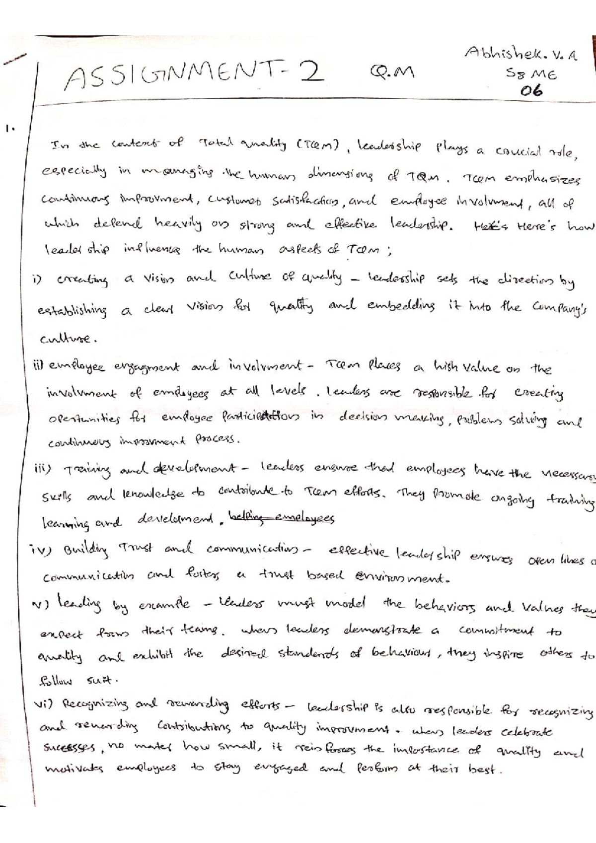 Total quality management leadership insights - QM assignment 2 - Studocu