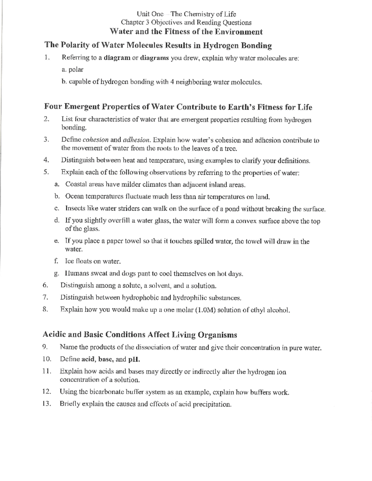 AP Biology - Study Guide for Admissions Exam - Unit One - Chapter 3 ...