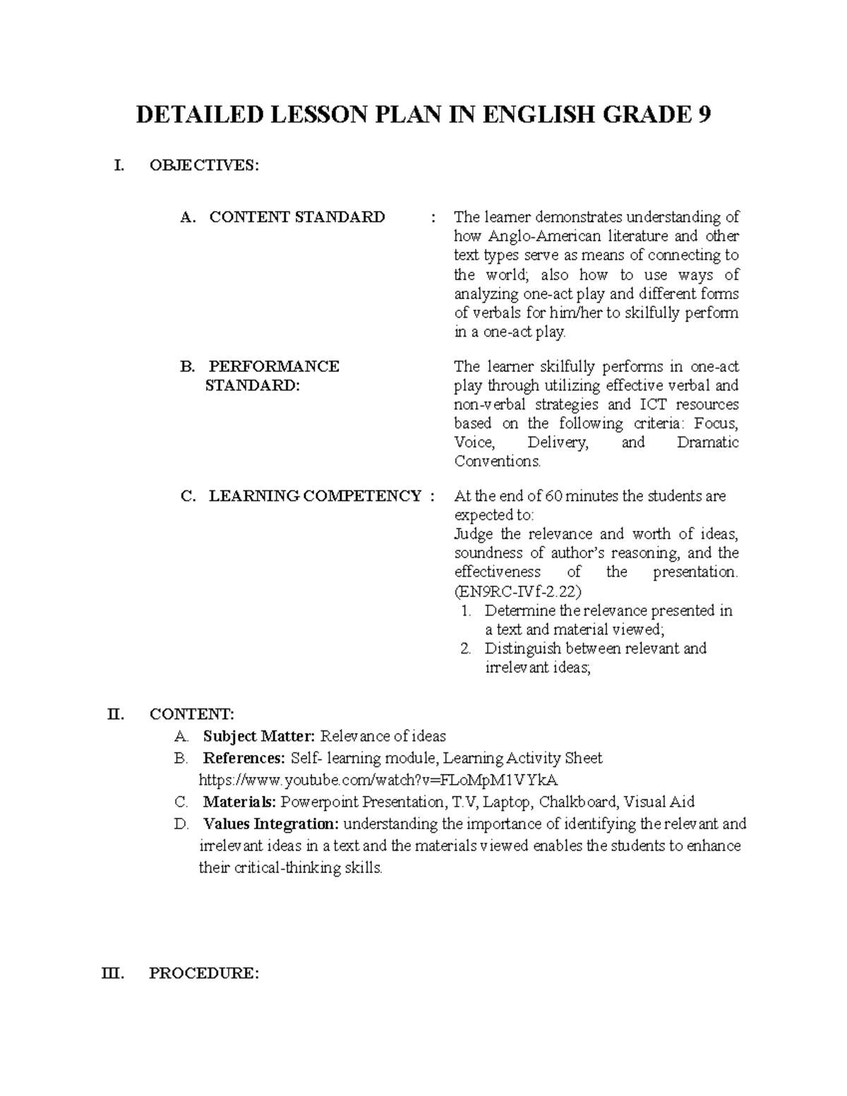 Relevance of Ideas in English Lesson Plan (ENG9-Q4-W1-M1) - Studocu