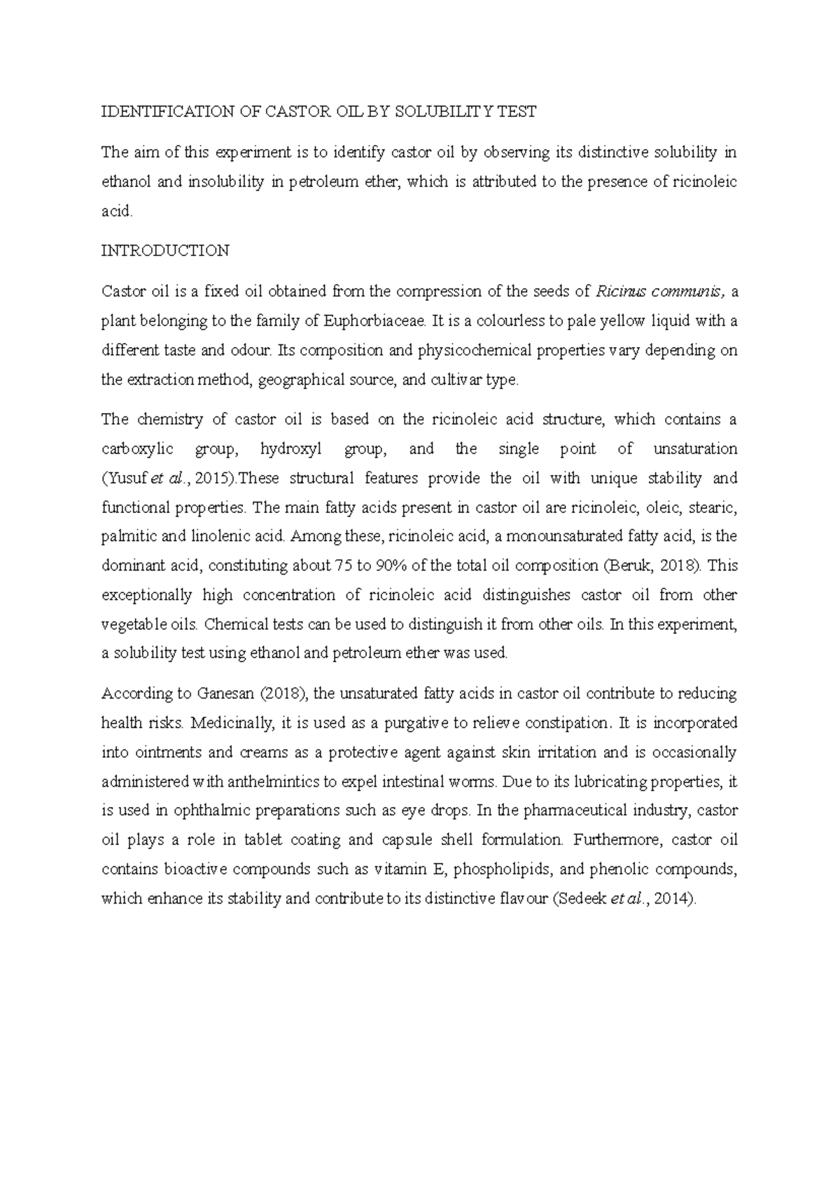 Identification of Castor Oil by Solubility Test: Experiment Analysis ...