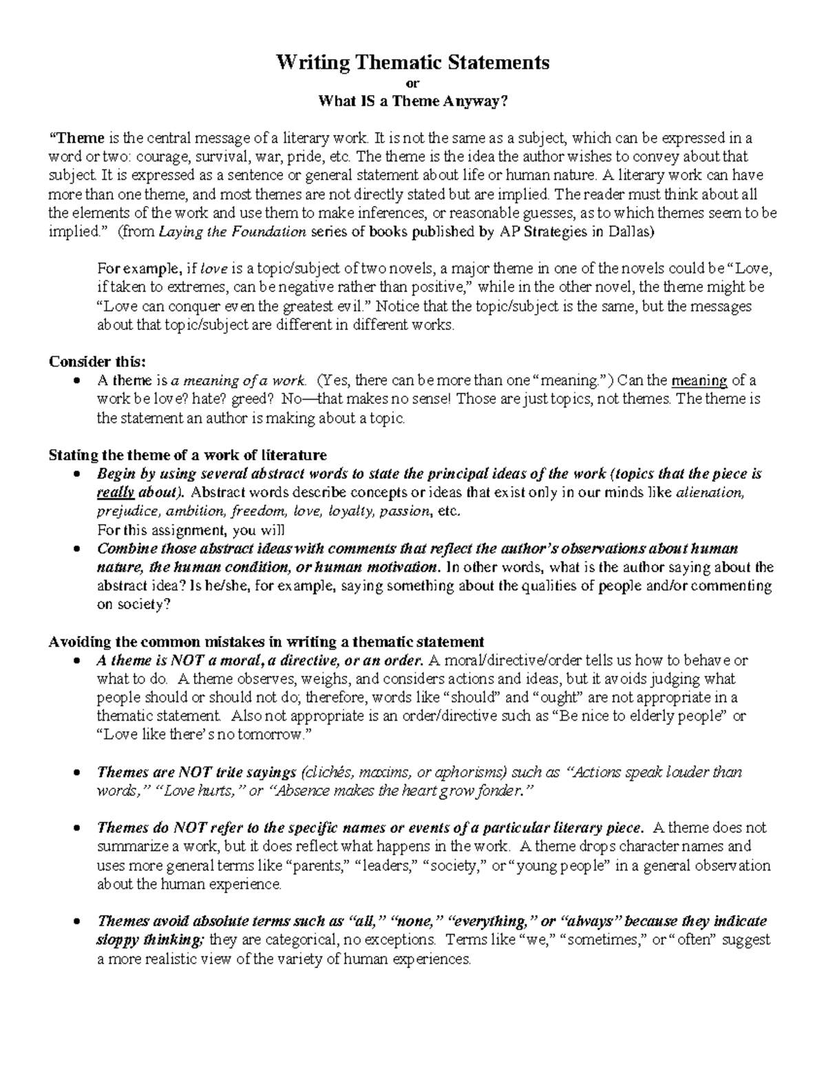 Writing Thematic Statements: Understanding Themes in Literature - Studocu