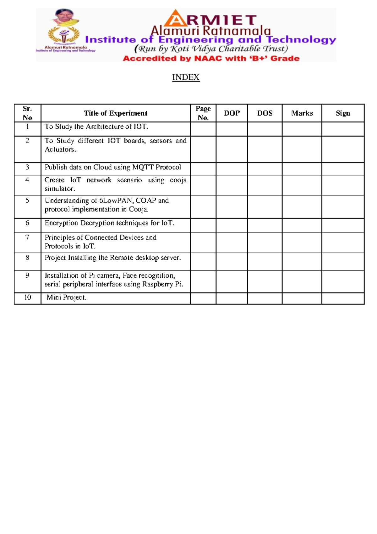 Ioe-lab-manual - Internet of Everything(IOE) Lab Manual - INDEX Sr. No Title of Experiment Page ...