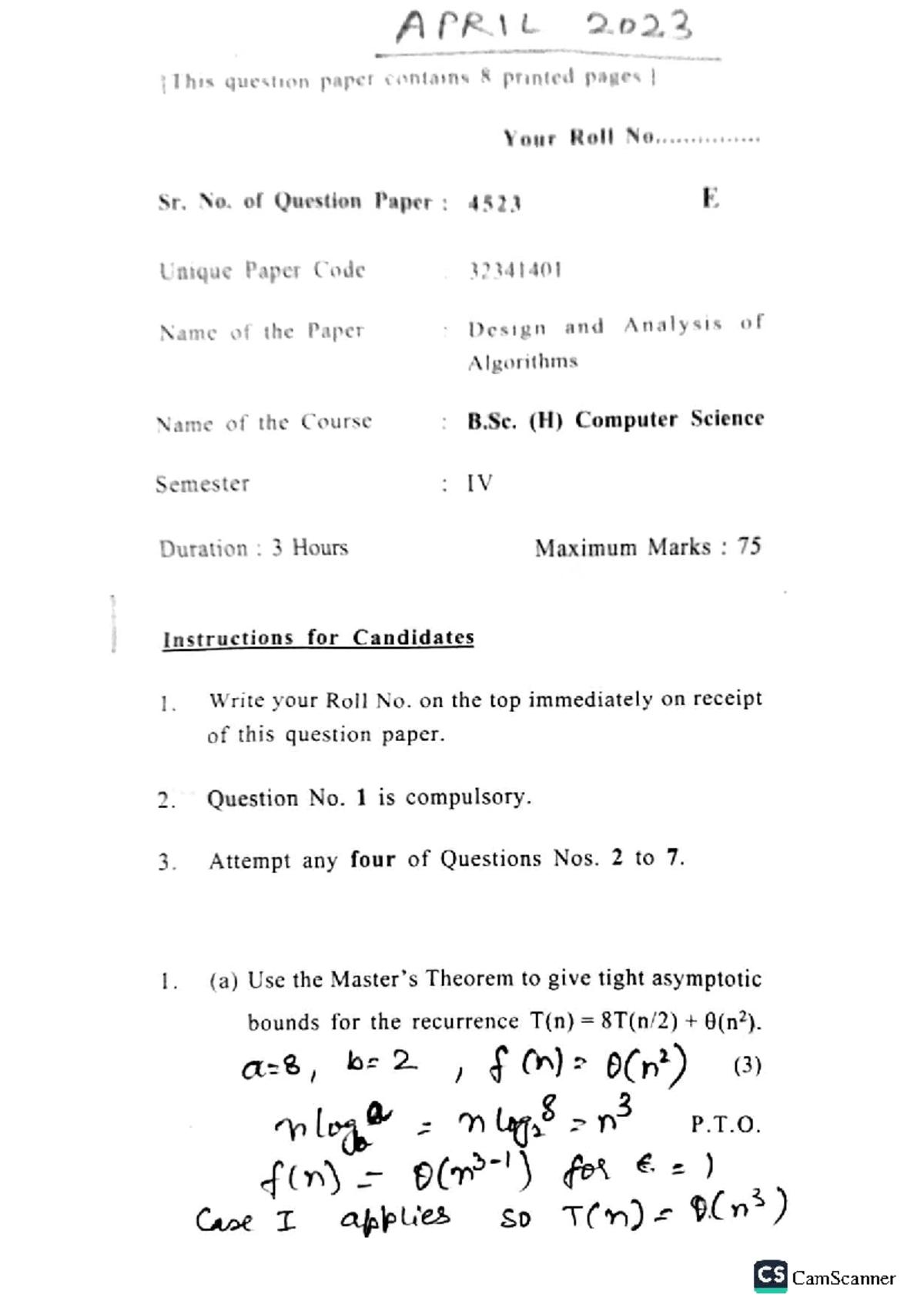 2023 B.Sc. (H) CS IV Sem - Design & Analysis of Algorithms QP - Studocu