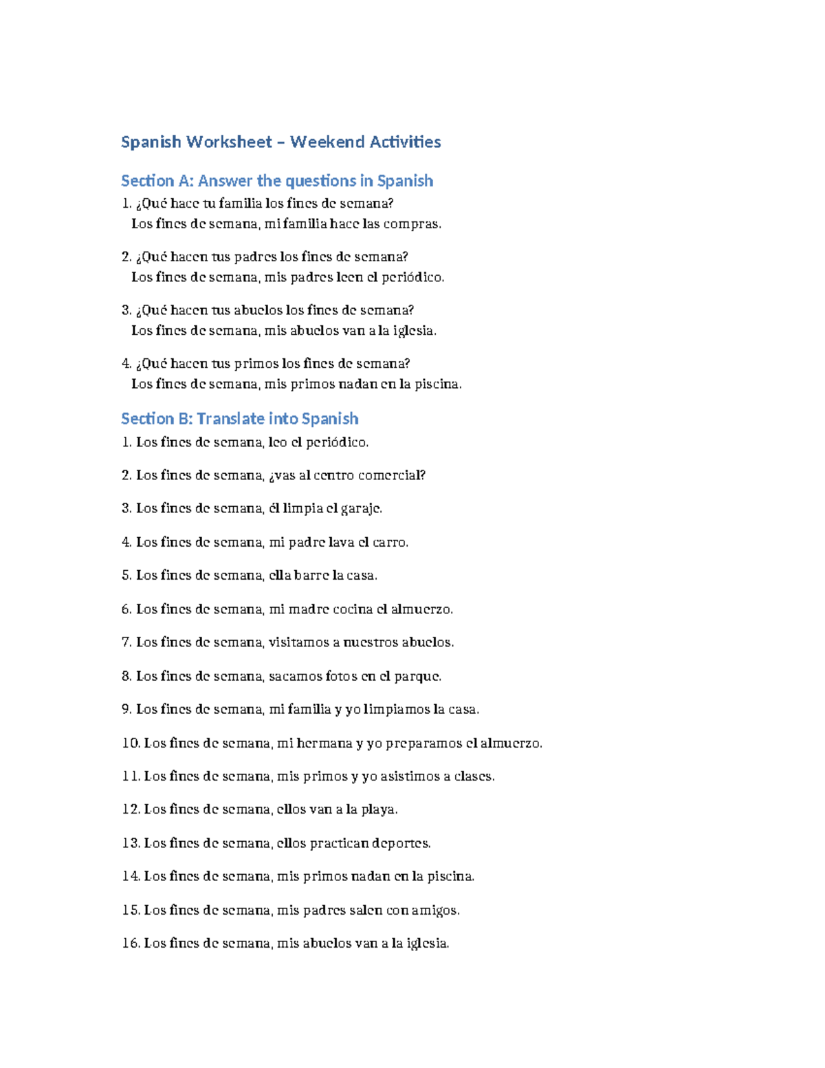 Spanish 1 Weekend Activities Worksheet: Questions & Translations - Studocu
