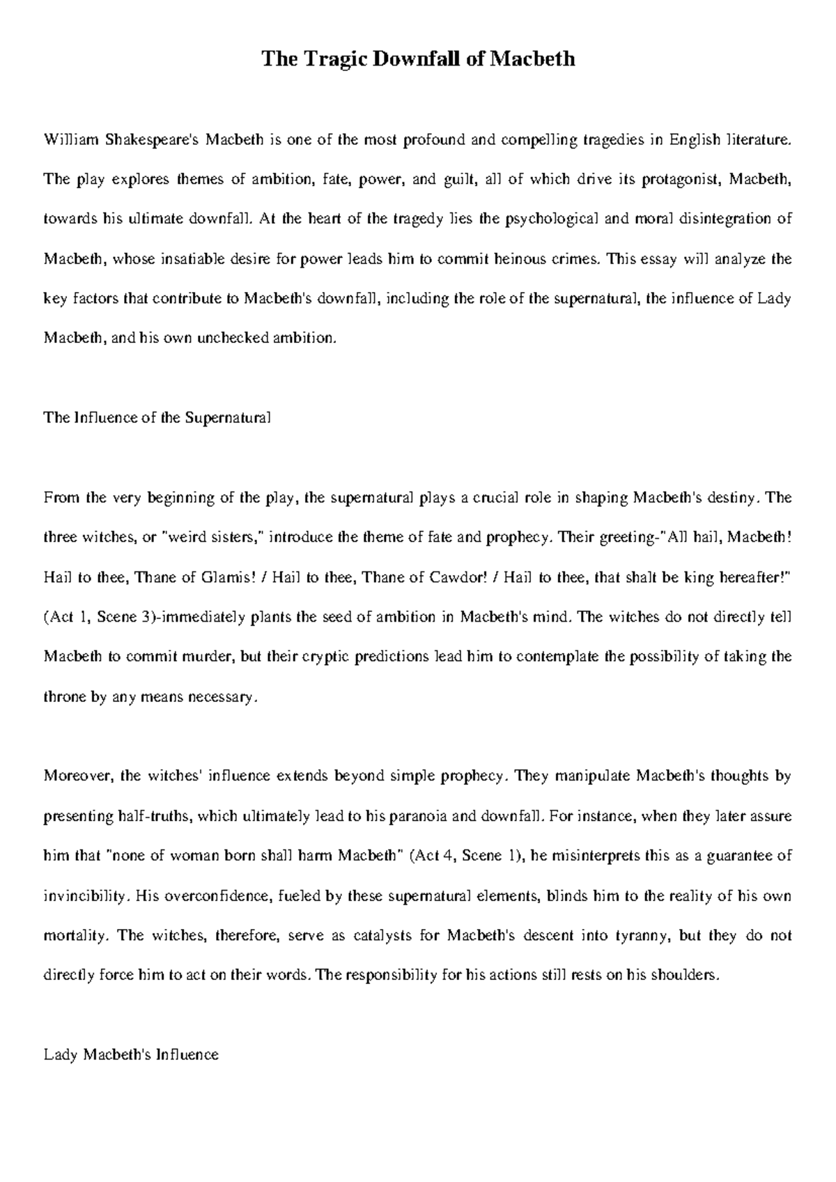 Shakespeare's Macbeth: An Analysis of Ambition & Downfall Essay - Studocu