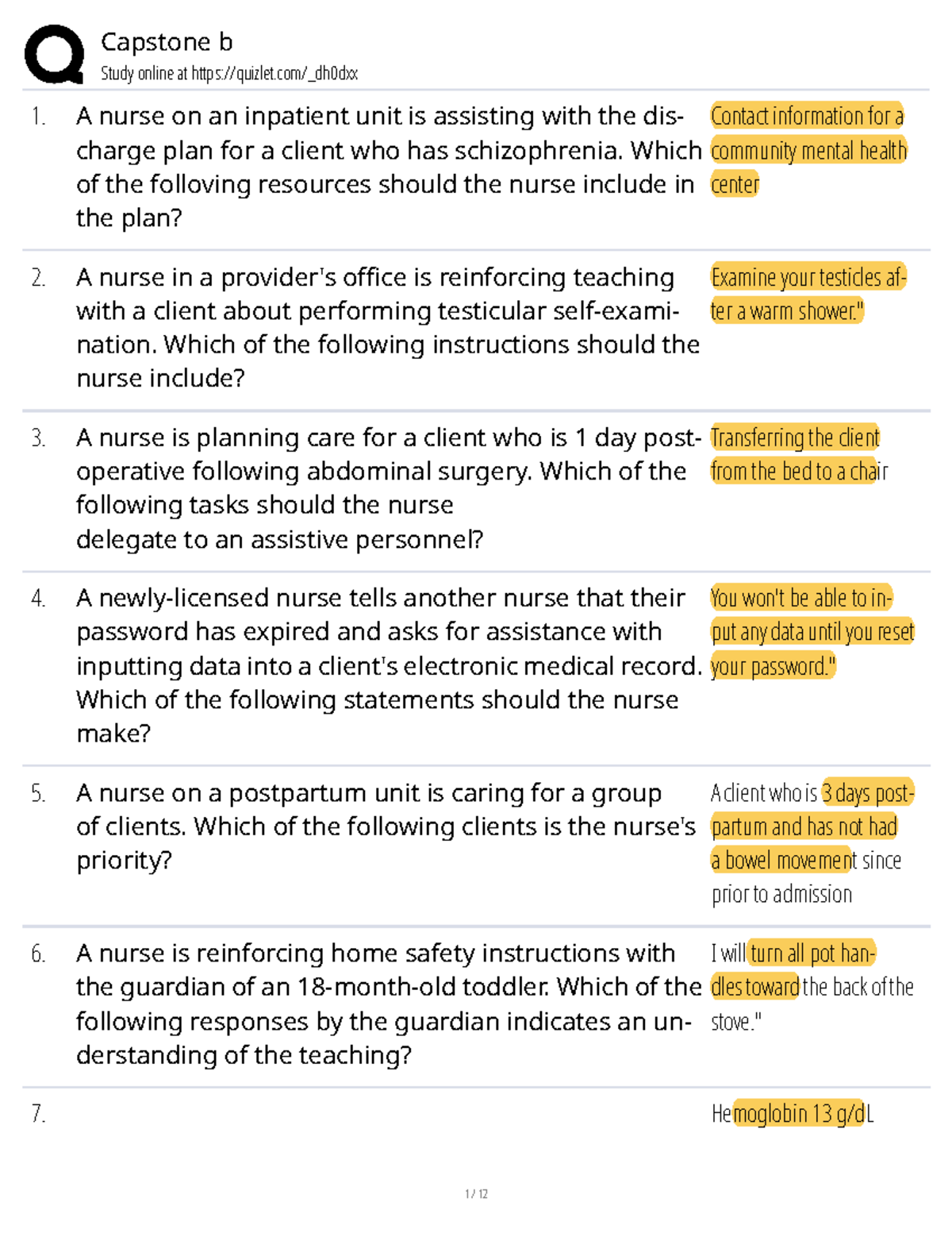 Capstone B Study: Nursing Care Scenarios and Best Practices - Studocu